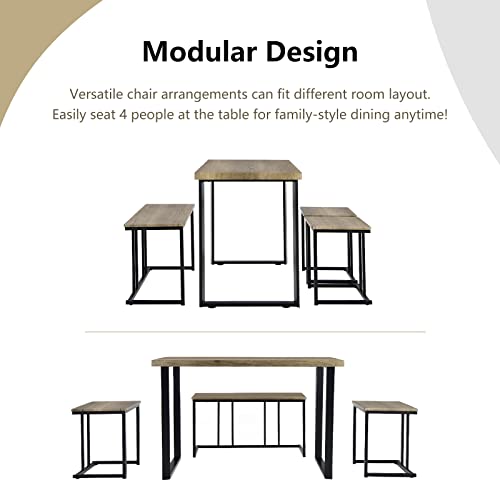 COSTWAY 4 Piece Dining Table Set, Modern Counter Height Kitchen Table Set for 4 w/Bench & 2 Stools, Sturdy Iron Structure, Space-Saving Dining Table and Chair Set for Home Pub Breakfast, Oak Grey