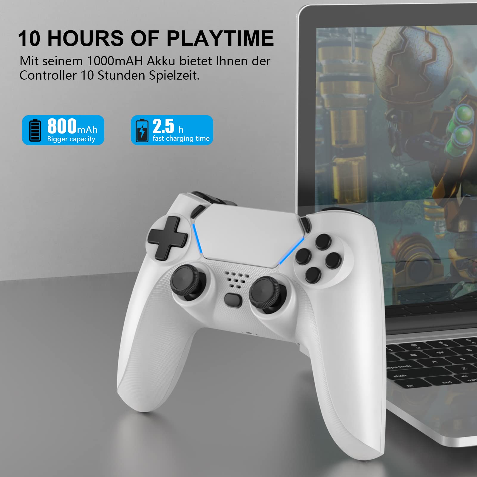 PomisGam PS4 Controller Compatible for Playstation 4 / Pro / Slim / Steam, Wireless Gaming Controller with Vibration and Headset Jack, Touch Pad, and Charging Cable (White)