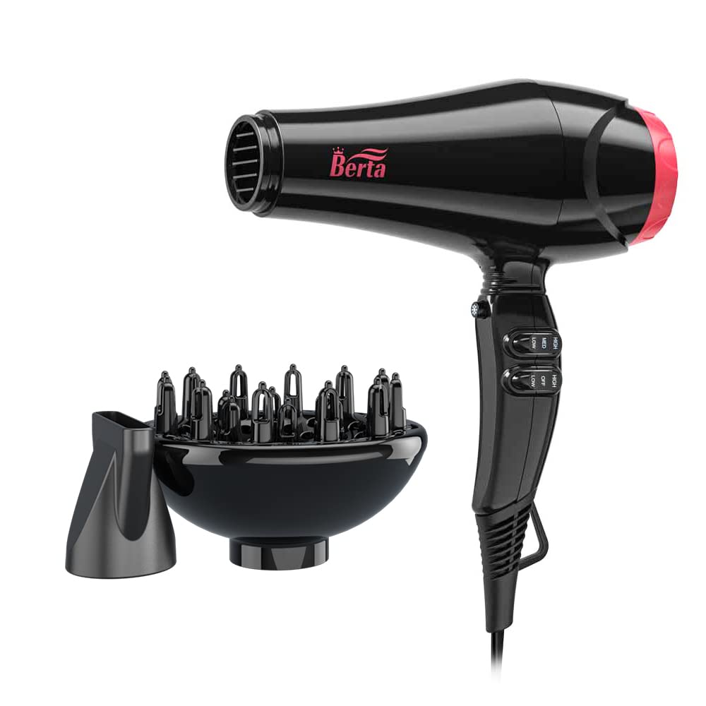 BERTA 1875W Professional Salon Hair Dryer Negative Ionic Blow Dryer, 2 Speed 3 Heat Settings Cool Button with AC Motor, Concentrator Nozzle and Filter, Black