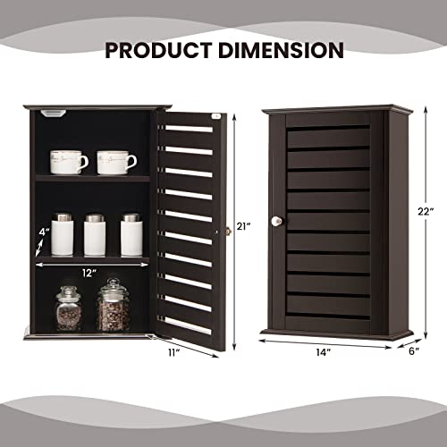 COSTWAY Wall Mounted Bathroom Cabinet, Wooden Storage Cabinet with 2 Adjustable Shelves and Reversible Door, Versatile Hanging Medicine Cabinet for Living Room, Kitchen, Entryway (Brown)