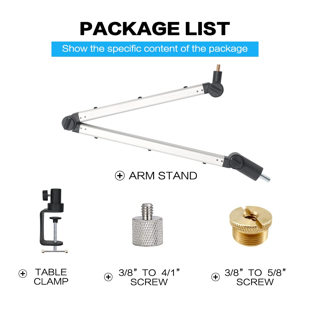 BOMGE Boom Arm - Adjustable 360° Rotatable Desk-Mounted Broadcast Microphone Boom Stand with Adapter,Hidden Cable Trough,For Shure SM7B/MV7/Blue Yeti/HyperX QuadCast, Recording,Gaming. (silver)