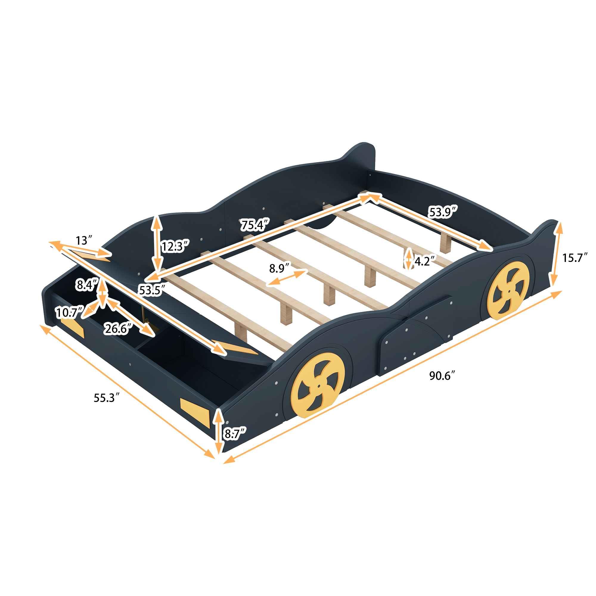 ATY Full Size Platform Bed with Storage, Race Car-Shaped Bedframe w/Wheels Design, Funny for Kids, Toddlers, 90.6" L x 55.3" W x 15.7" H, No Spring Needed, Dark blue