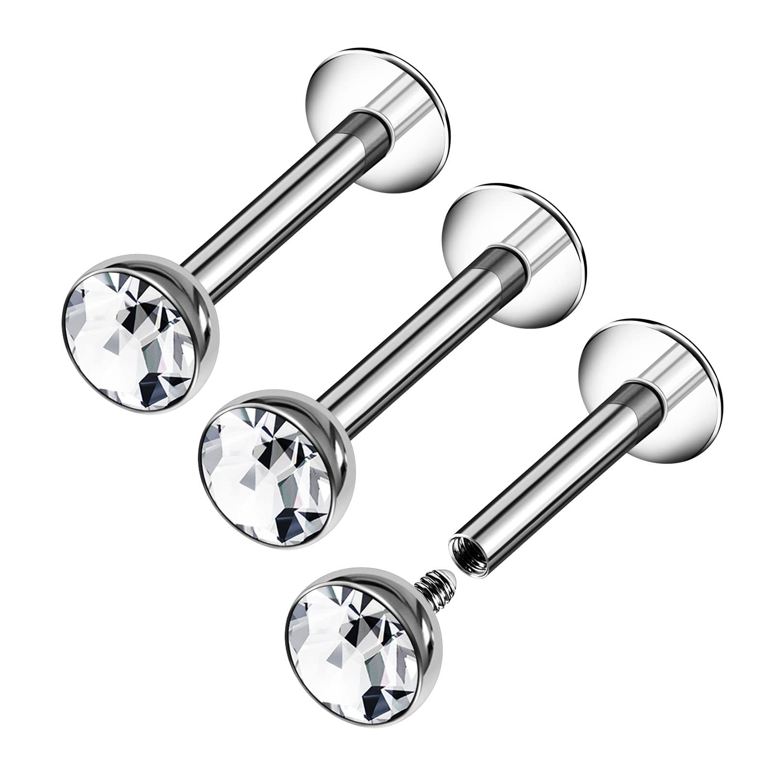 BanaVega 3PCS Steel Internally Labret Lip Rings 16g 1.2mm 5/16 8mm 4mm Clear Crystal Snake Bite Tragus Earrings Piercing Jewelry 8556
