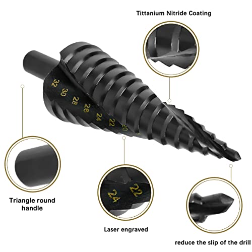 Canitu 3Pcs Nitride Spiral Step Drill Bit Set, 4-12/4-20/4-32 1/4" Hex Shank Cone Titanium Coated HSS Unibit Spiral Grooved Step Drill Bits for Steel, Plastic, Wood, Sheet Metal Hole Drilling