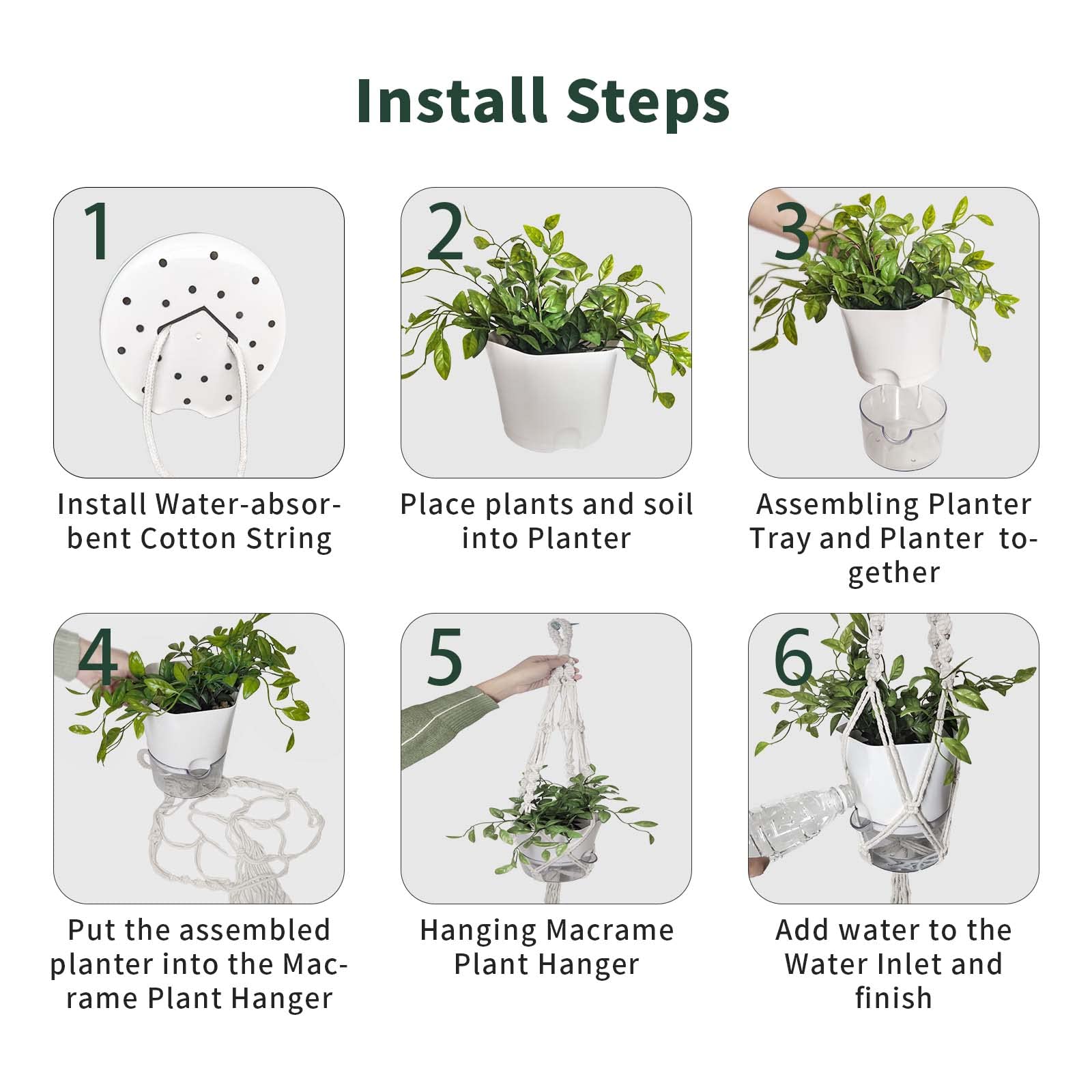 BERZGER 2 Pack Self Watering Hanging Planters for Indoor Plants, Macrame Plant Hangers Holders with Pots, 6'' Decorative Modern Plastic Planters with Drainages and Trays.