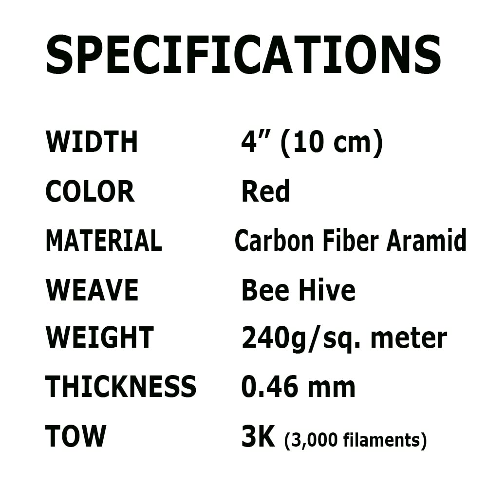 KARBXON - 4 in x 10 ft β Beehive Weave - Carbon Fiber Aramid Fabric - Red - 3K - 240g/meter - Beehive Weave 4β Wide Hemmed Fabric for Repair, DIY Projects (4, 10 ft)