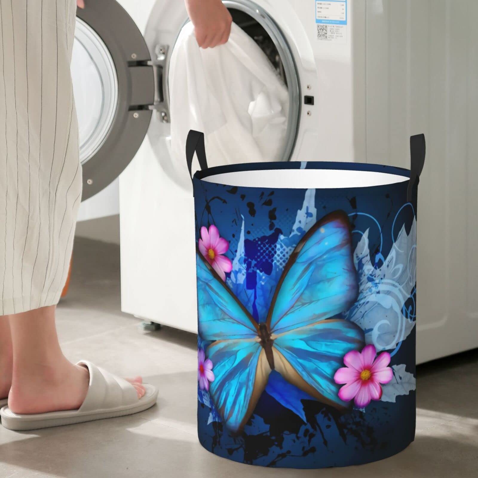 Blue Butterfly Laundry Hamper With Handle Foldable Durable Laundry Basket Storage Bin Dirty Clothes Organizer Bag For Bedroom Bathroom Nursery