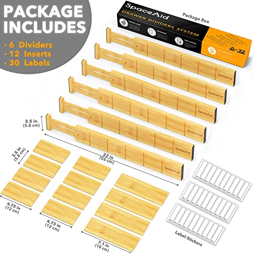SpaceAid Bamboo Drawer Dividers with Inserts and Labels, 4 Dividers with 9 Inserts (17-22 in), 6 Dividers with 12 Inserts (17-22 in)