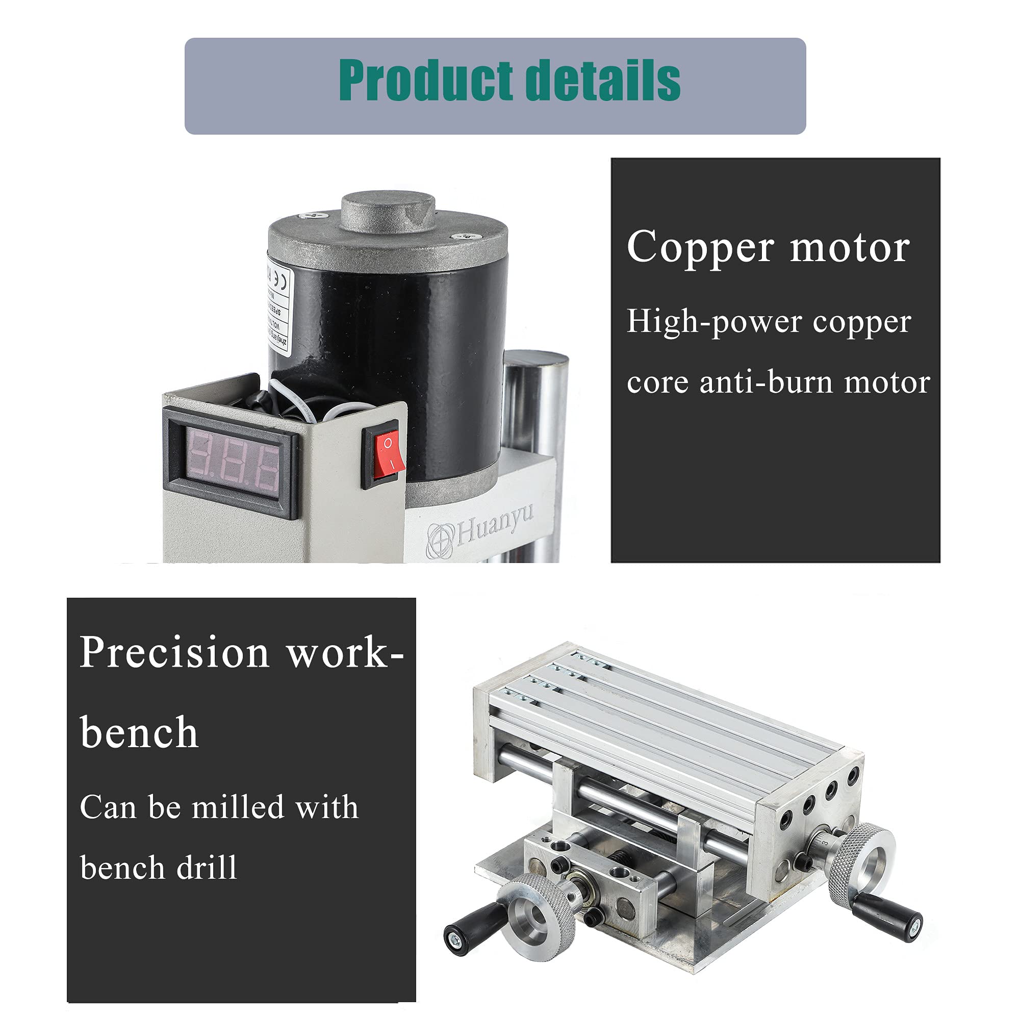 Huanyu Mini Drill Press Electric Benchtop Drilling Machine Drilling Tapping Slot Milling 3 in 1 Micro Drilling Tool 1.2” Drill Depth with Drill Chuck Compound Drilling Slide Table for Wood Aluminum