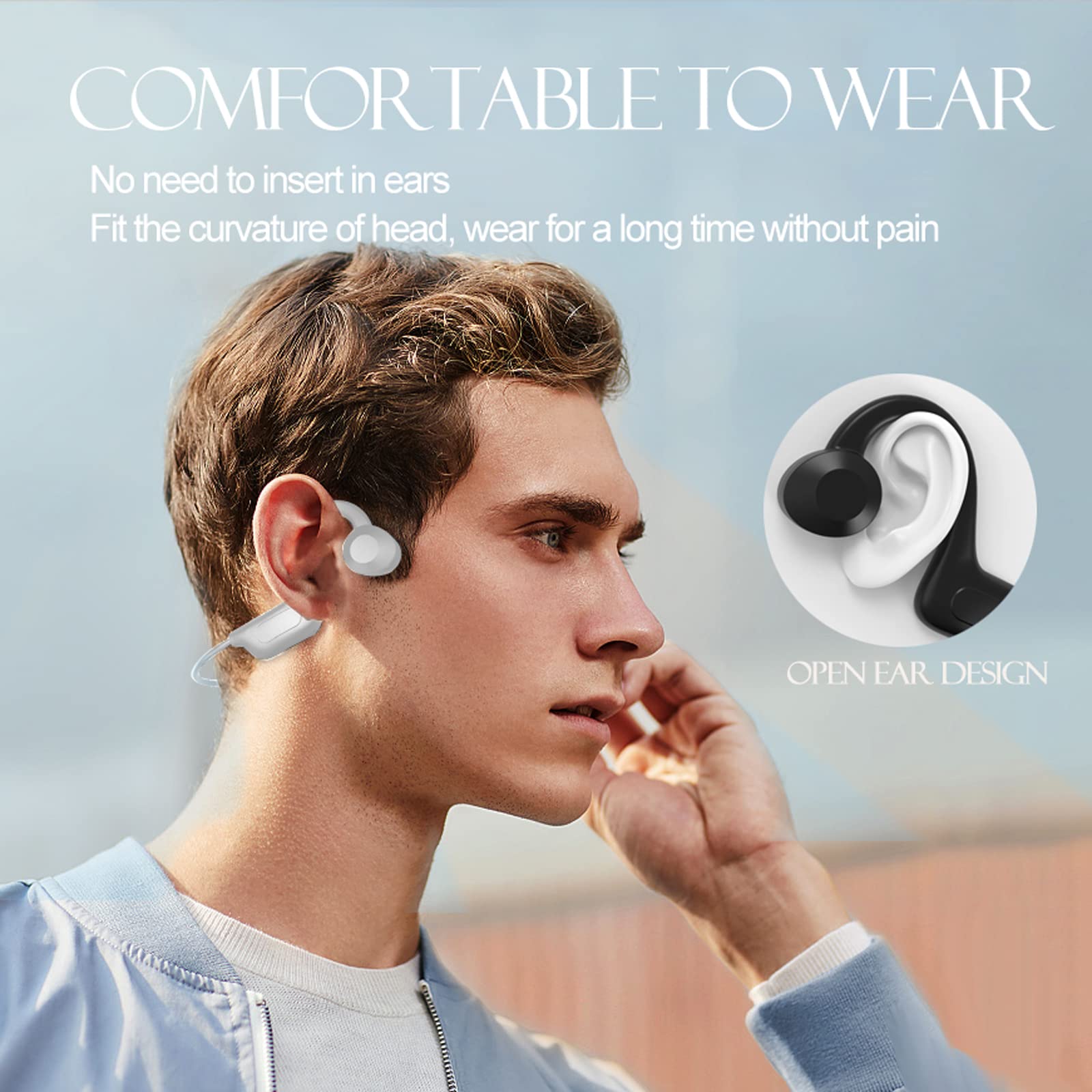 Bone Conduction Headphones Open Ear Bluetooth Wireless Sports Earbuds with Microphone Memory Card Waterproof Noise Cancelling Long Battery Life Headset Over Ear for Android iOS Running Workout Cycling