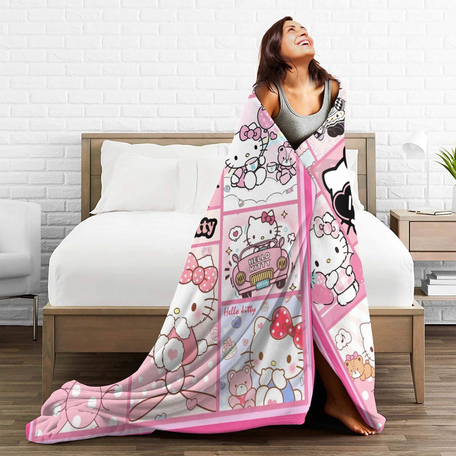 Cartoon Hello Cat Cute Blanket for Girls Ultra-Soft Cozy Flannel Fleece Throw Blankets for Sofa Bed 50"X40"