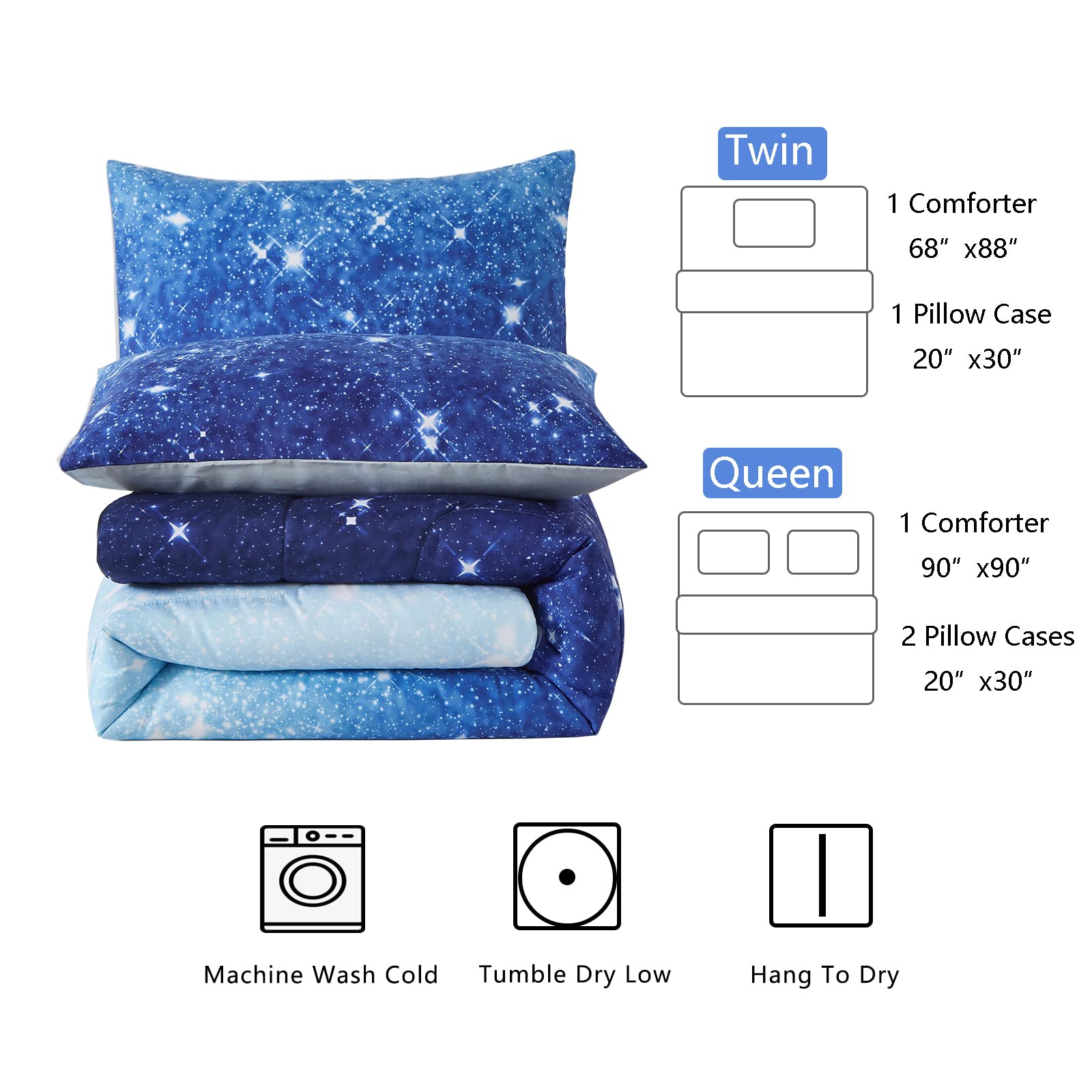 kiddiku Blue Glitter Comforter Set Twin Size for Boys Girls, Sparkle Galaxy Twinkle Starlight Comforter for Kids Teen, 2 Piece Aqua Blue Navy Ombre Bedding Set with 1 Pillow Case(Blue,Twin)