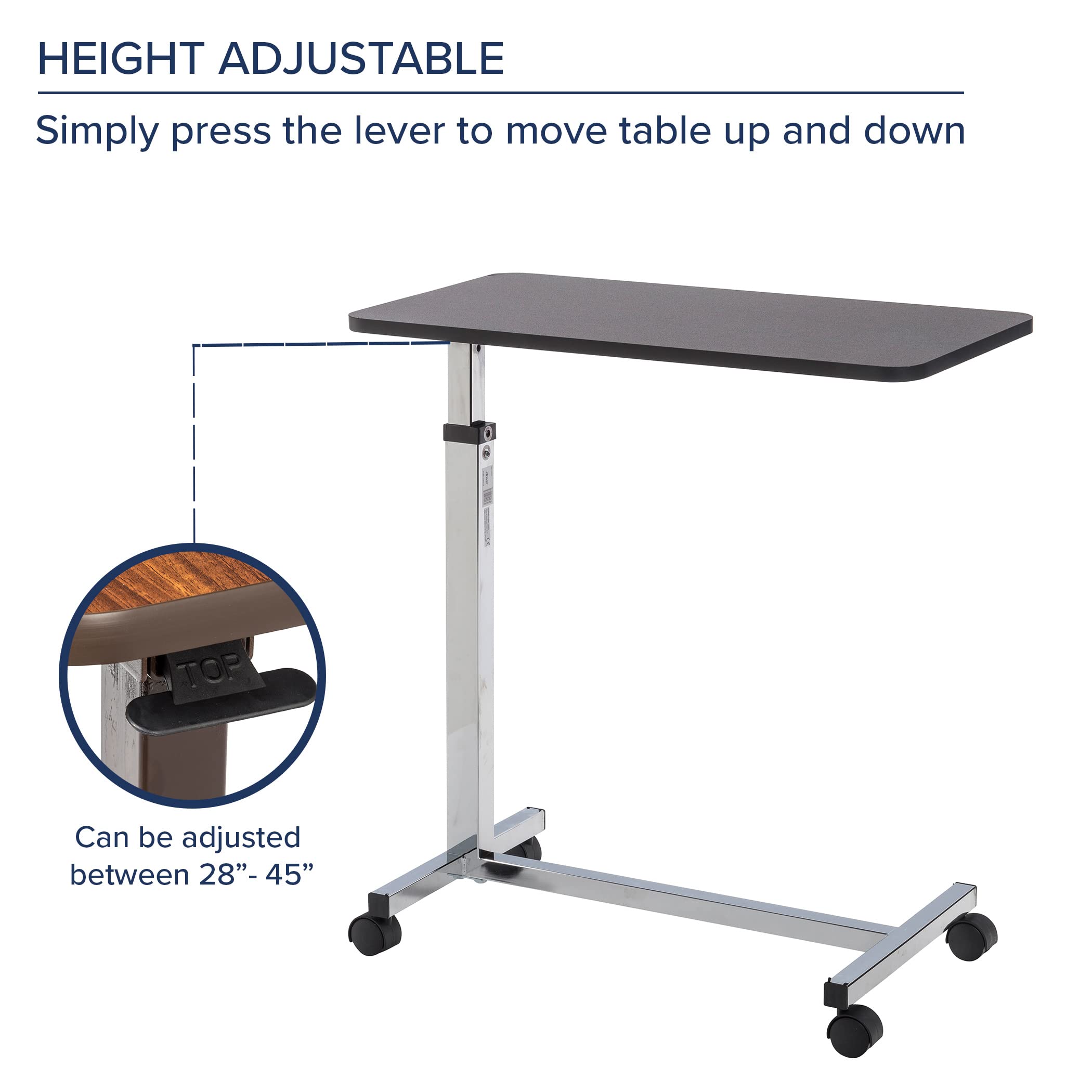 Drive Medical 13003 Non Tilt Top Overbed Table with Wheels, Chrome