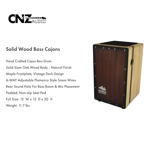 Echoslap Solid Siam Oak Bass Cajon - Vintage Dark Faceplate, Hand Crafted Solid Body for Deep Bass Tones, 6 Adjustable Snare Wires for Crisp Buzz, Two Sound Holes, Padded Seat + Free Backpack Gig Bag