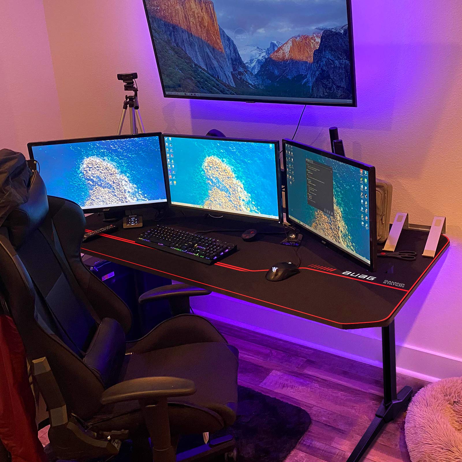 AuAg 55" Enhanced Larger Gaming Desk with Free Mouse Pad, Cup Holder Headphone & Speaker Hook, Powerful Cabling Management Home Office Computer PC Streamer Desk