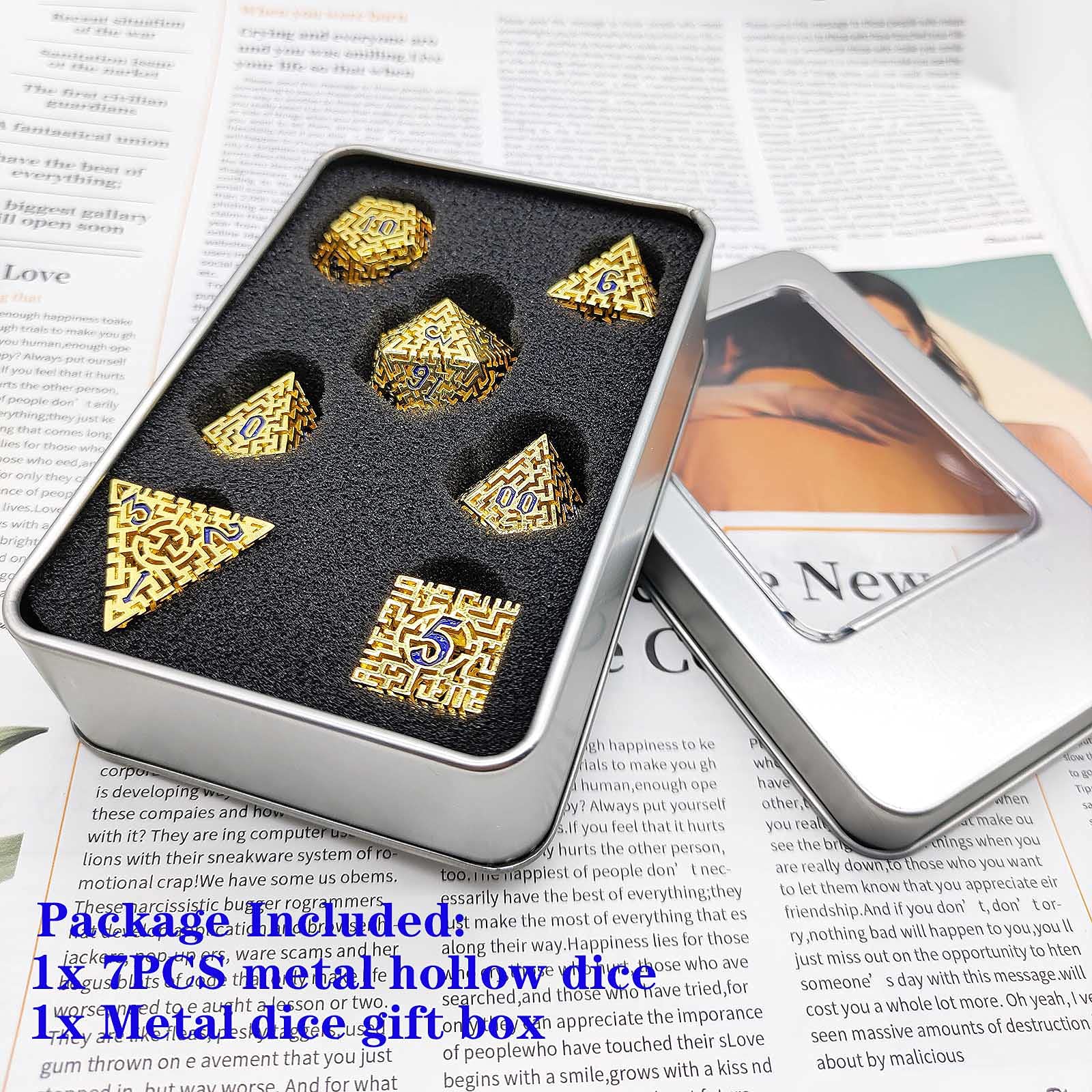 DND Dice Set D&D Metal Dungeons and Dragons Hollow Dice Tabletop Games Polyhedral Pathfinder Multi Sided Roleplaying RPG MTG 7 Board Accessories Gifts D4 D6 D8 D10 D12 D20 (Golden Blue)