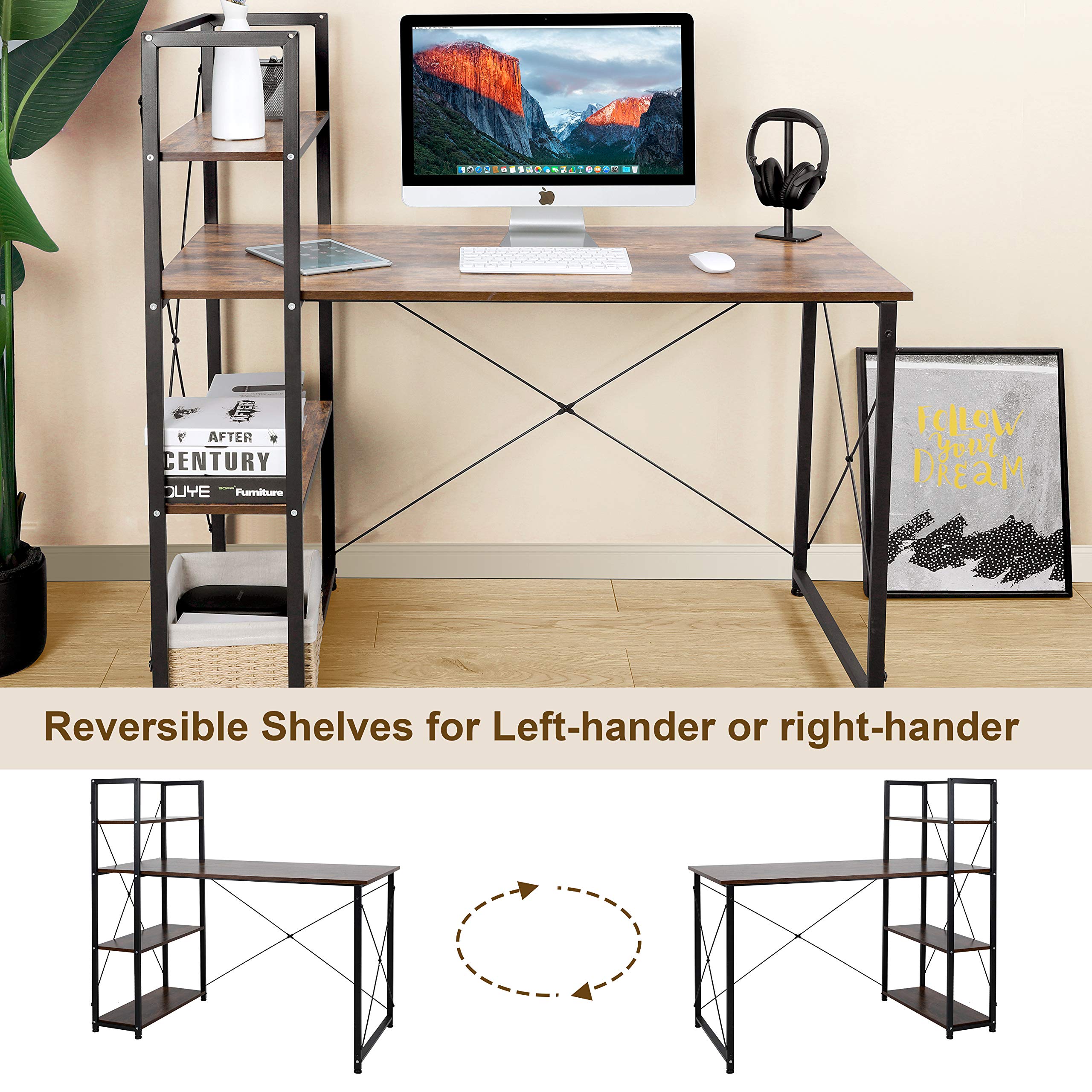 AuAg Computer Desk with 4 Tier Storage Shelves, 47” Home Office Desk with Reversible Bookshelf, Writing Study Table Workstation with Tower Shelf for Small Space(Rustic Brown)