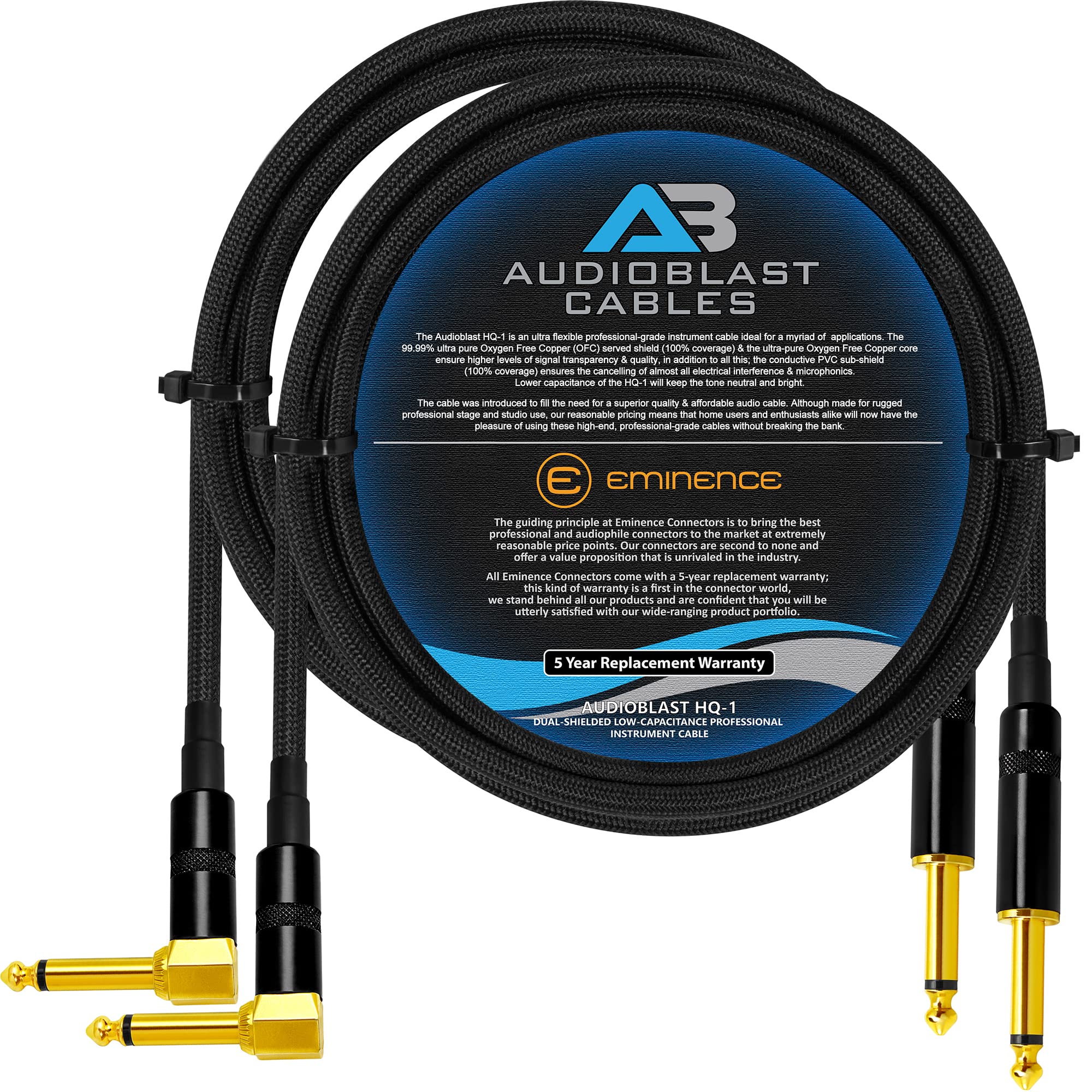 Audioblast - 2 Units - 4 Foot - HQ-1 - Braid (Black) Flexible-Dual Shielded(100%)-Guitar Instrument Effects Pedal Patch Cable w/Eminence Straight & Angled Gold ¼ inch (6.35mm) TS Plugs & Double Boots