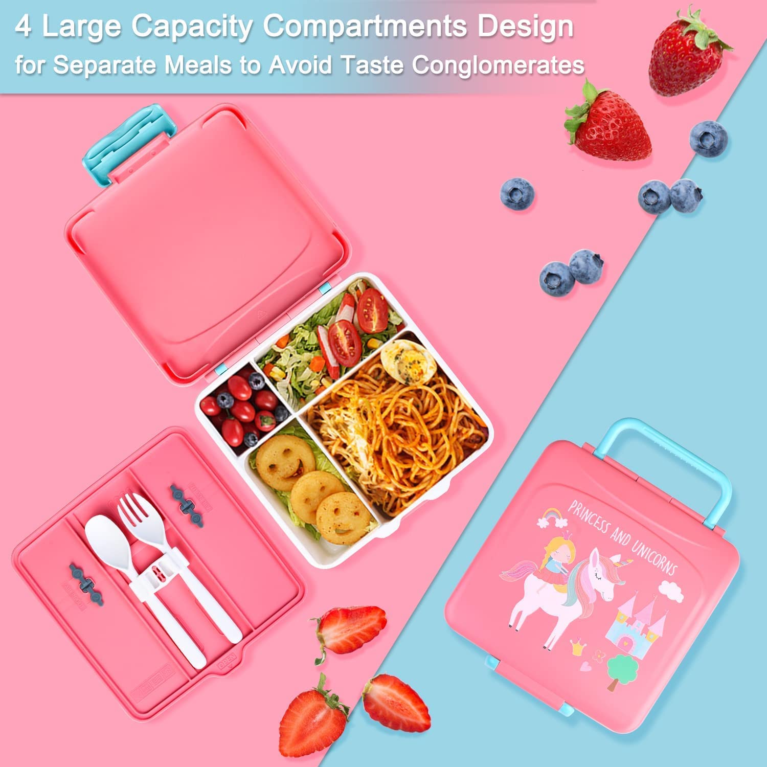 Bento Lunch Box for Kids, Unicorn Lunch Box with 4 Compartment Bento,1300ml Lunch Container with Sauce Jar/ Spoon/ Fork, Leak Proof, Microwave/ Dishwasher Safe, BPA-Free and Food-Safe Materials (Pink)