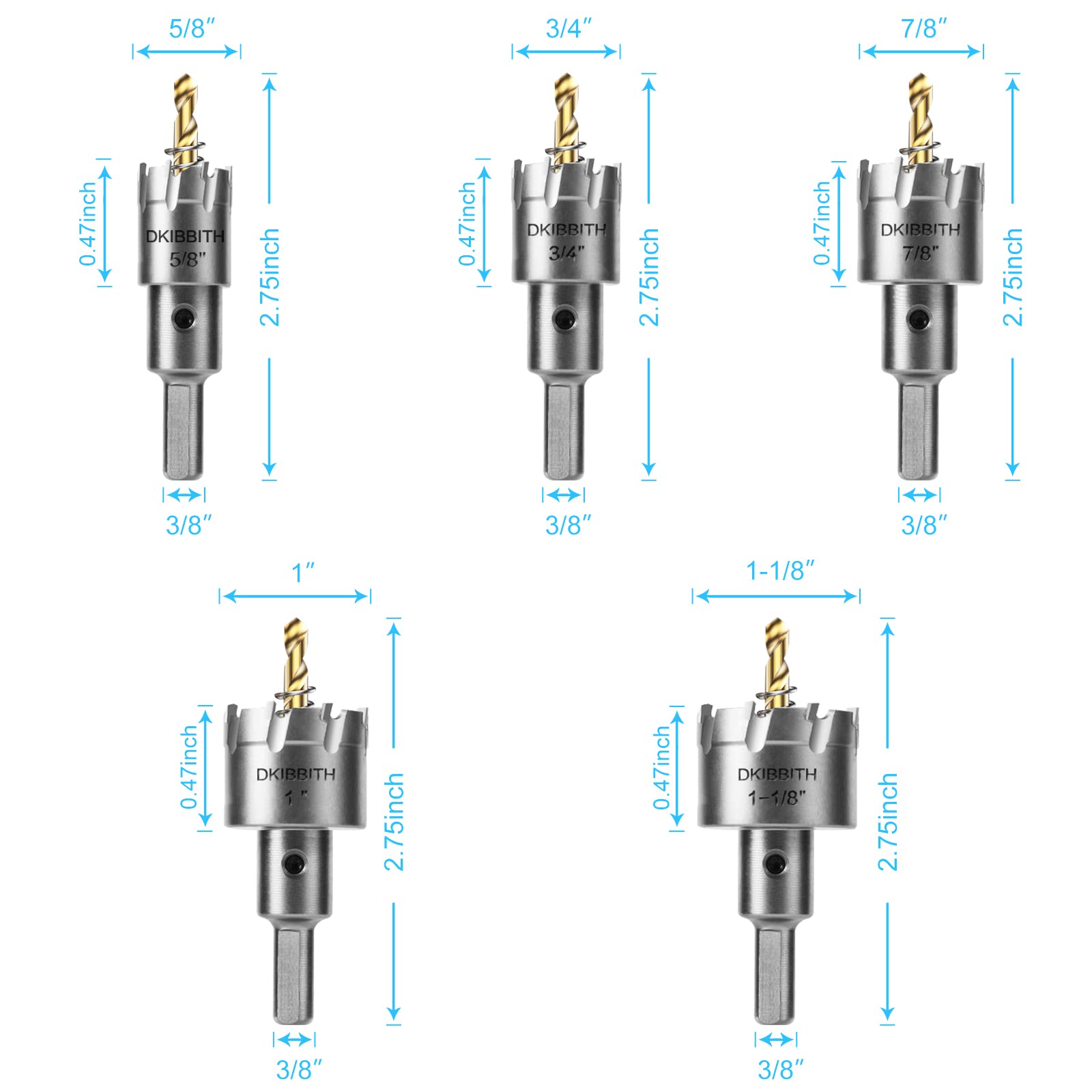 Carbide Hole Saw Kit, TCT Hole Saw Set Heavy Duty for 9 Precise Holes in Stainless Steel Hard Metal,Size 5/8” 3/4” 7/8” 1” 1-1/8” 1-1/4” 1-3/8” 1-1/2” 2”, 9 Extra Pilot Bits in Carrying Case