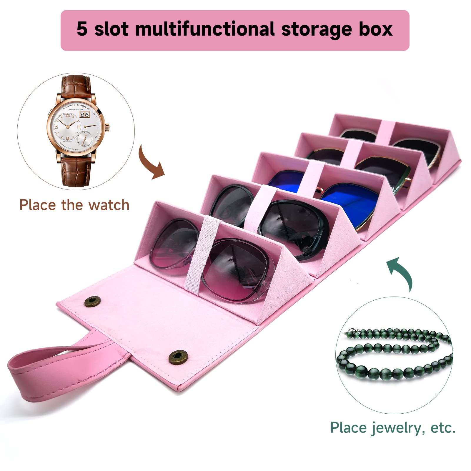 BBKON Sunglasses Organizer with 5 Slots, Travel Glasses Case, Portable Eyeglasses Holder Storage Box for Men Women (Pink)