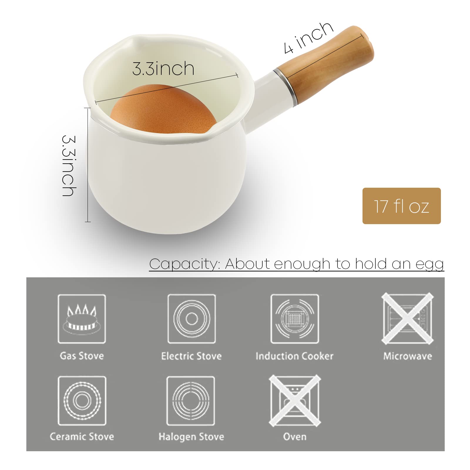 FARCADY 0.6qt Mini Enamel Milk Pot Insulated Wooden Handle 2 Pour Spouts Small Food Warmer Cute Saucepan(D015,White)