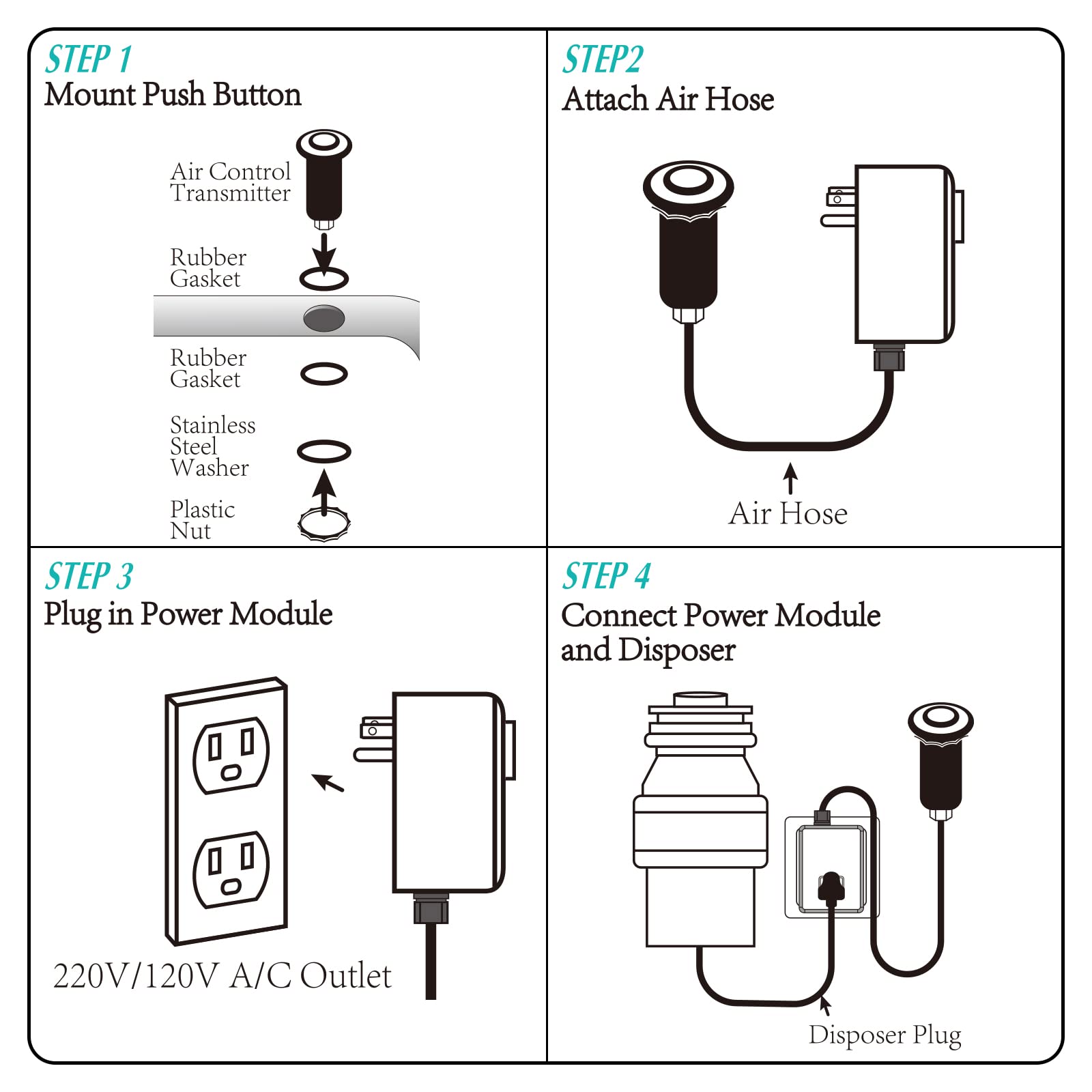 BESTILL Garbage Disposal Sink Top Air Switch Kit with Single Outlet, Matte Black Long Push Button with Brass Cover, UL Listed