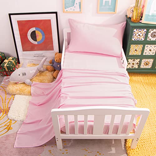 NTBAY 4 Piece Ultra Soft and Breathable Toddler Bedding Set, Microfiber Crib Sheet Set, Includes Quilted Comforter, Fitted Sheet, Flat Top Sheet and Envelope Pillowcase for Boys and Girls, Pink