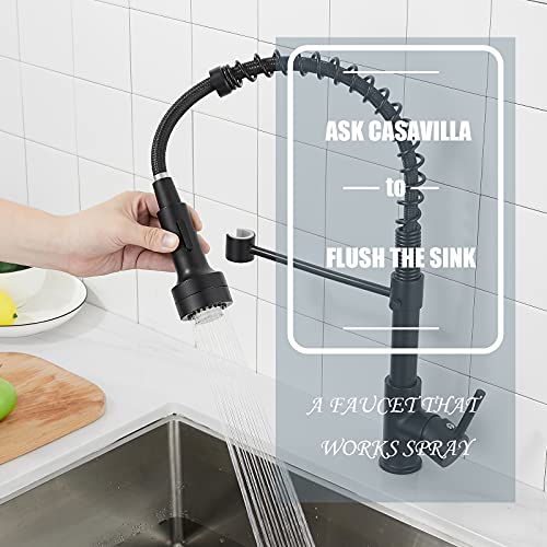 Casavilla Faucet, Black Kitchen Faucet with LED Light, Kitchen Sink Faucets with Pull Down Sprayer, Dual Function Spray Head, Farmhouse Stainless Steel Single Handle Kitchen Faucets