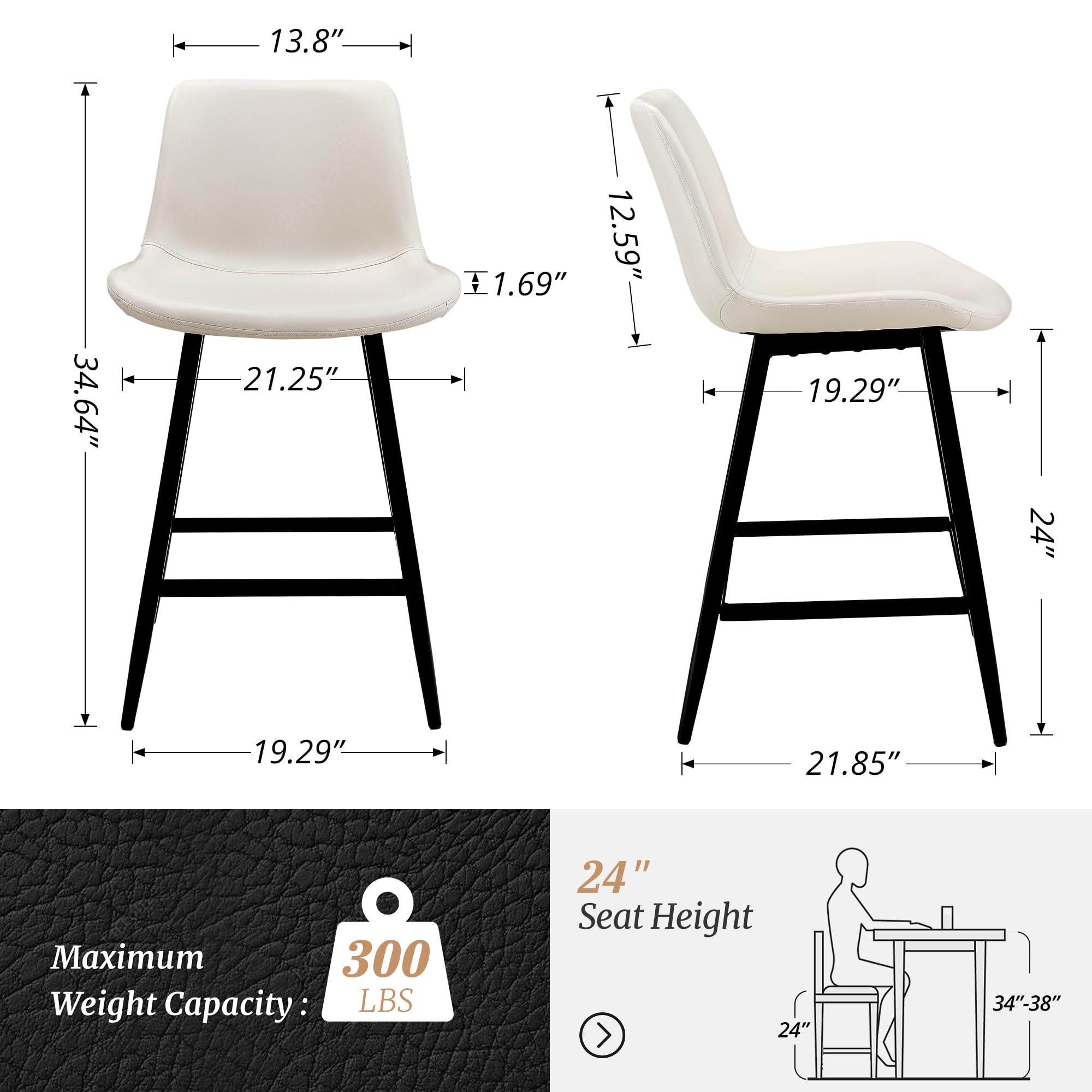 Cozyman Armless Bar Stools,26", Upholstered Bar Stool with Back Set of 4, Faux Leather Performance Material in Black, Barstools with Metal Legs, Suitable for Kitchen Room, Coffee Shop