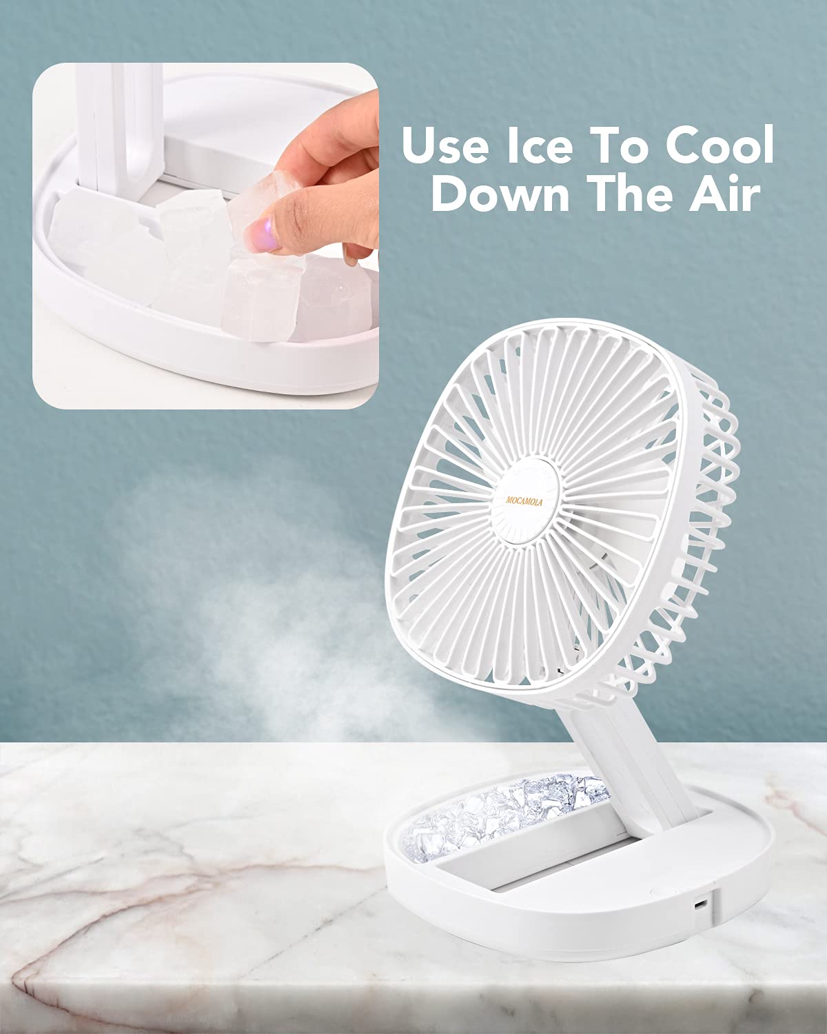 MOCAMOLA Small Desk Fan, Aromatic Desigh With Quiet 3 Speeds Wind, USB Powered With Portable Adjustable Mini Fan For Home, Office, Travel, Camping, Outdoor, Indoor, Car, 4.9 Inch White