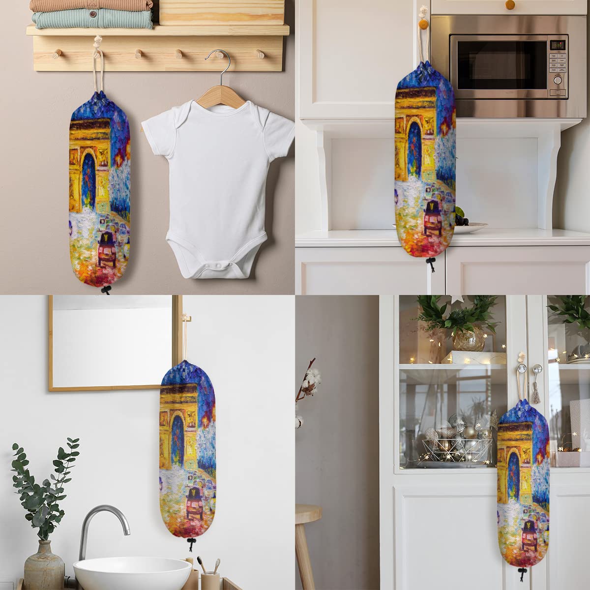 Arc De Triomphe Paris Plastic Bag Holder Wall Mount Grocery Bag Holder Reusable Trash Bag Organizer Washable Large Grocery Bag Storage Dispenser for Kitchen Pantry