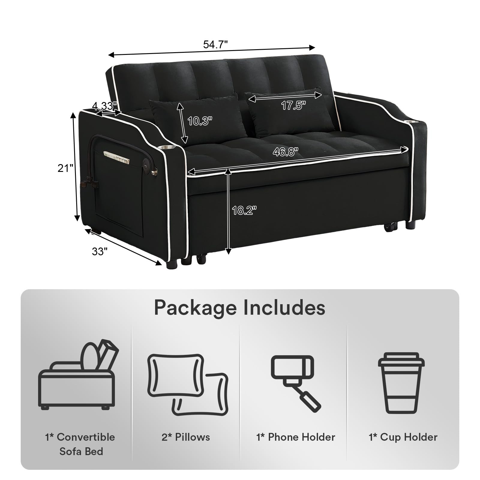 Rovibek 3 in 1 Convertible Sleeper Sofa Bed Pull Out Couch Futon Loveseat Velvet Chaise Lounge with 2 Pockets and 2 Pillows for Living Room, Full Size, Black