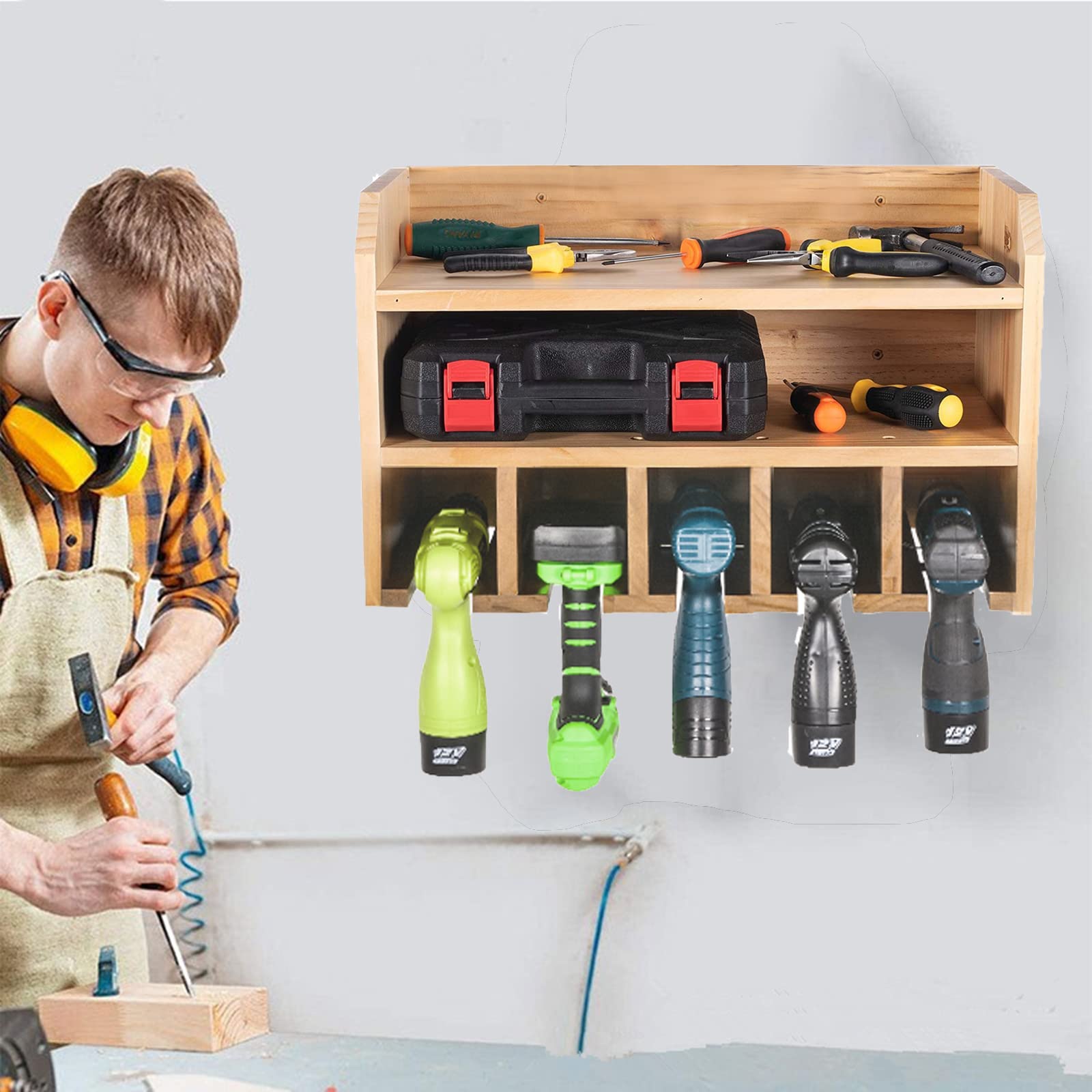Baoz Wooden Power Tools Organizer Cabinets 5 Hanging Slots Drill Charging Station Wall Mounted Garage Tool Holder Cordless Drills Storage Shelf Rack for Circular Saw, Screwdriver Drill Impact Wrench