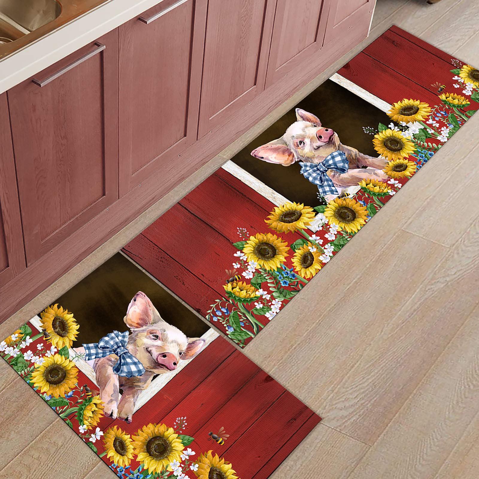 BestLives Kitchen Rug Sets Farmhouse Sunflower Pig 2 Piece Non-Slip Kitchen Mat Rustic Farm Barn Doormat Area Runner Carpet Set Absorbent Bath Floor Mat 15.7x23.6in+15.7x47.2in