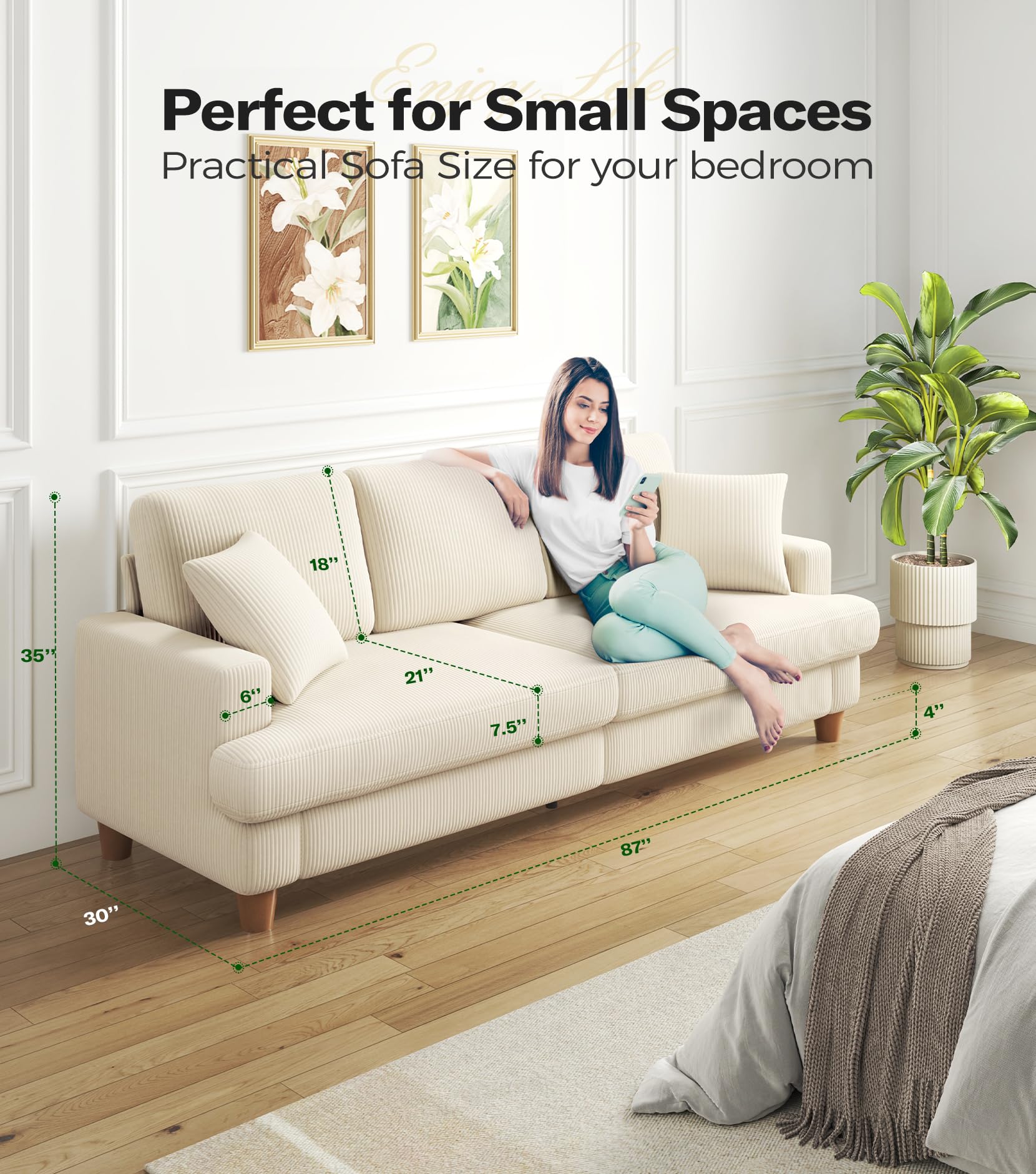 Kidirect 87in Beige White Sofa, Couches for Living Room 21in Extra Deep Seats, Comfy Corduroy Sofas for Living Room No Tool Assembly, Modern Oversized Love Seat with 2 Pillows, Sofa Couch for Bedroom