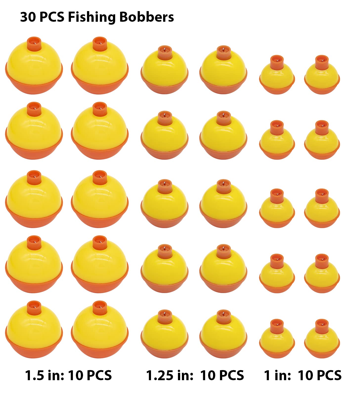 Bobbers for Fishing Adjustable Floats Bulk Round Fixed Bobber Assortment 1.5' 1.25' 1' Large Little Yellow and Orange Fishing Gear Tackle