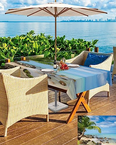 CyCoShower Outdoor Tablecloth Palm Tree Beach Sea Cloud Blue Sky Island Reef Stone Spillproof Outdoor Tablecloth with Umbrella Hole Zipper for Spring Summer Patio Table,52"x70"