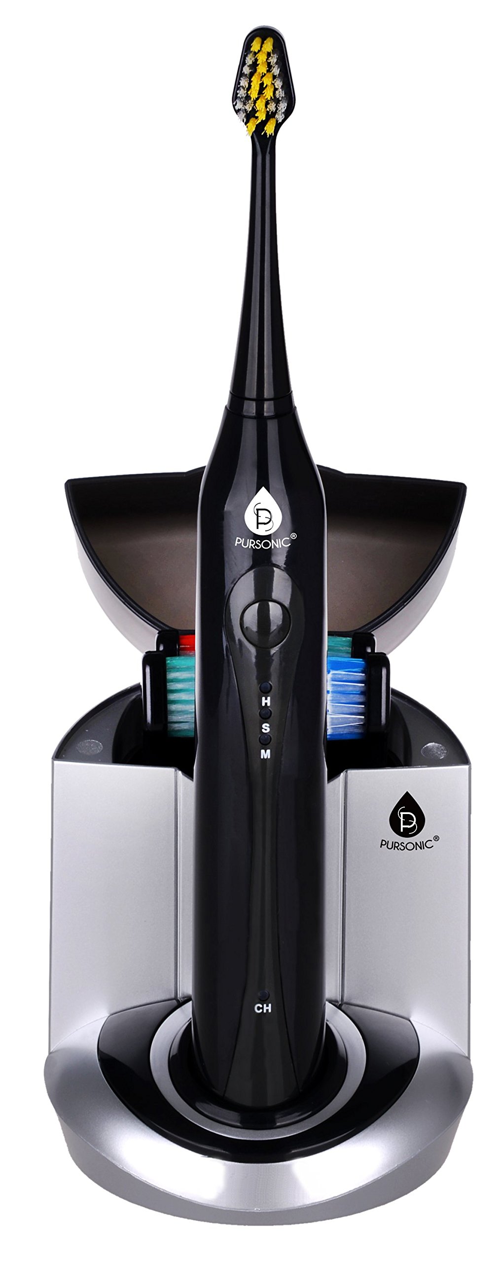 Pursonic S450 Deluxe Plus Rechargeable Sonic Electric Toothbrush with built in UV Sanitizer and bonus 12 brush heads included, Silver