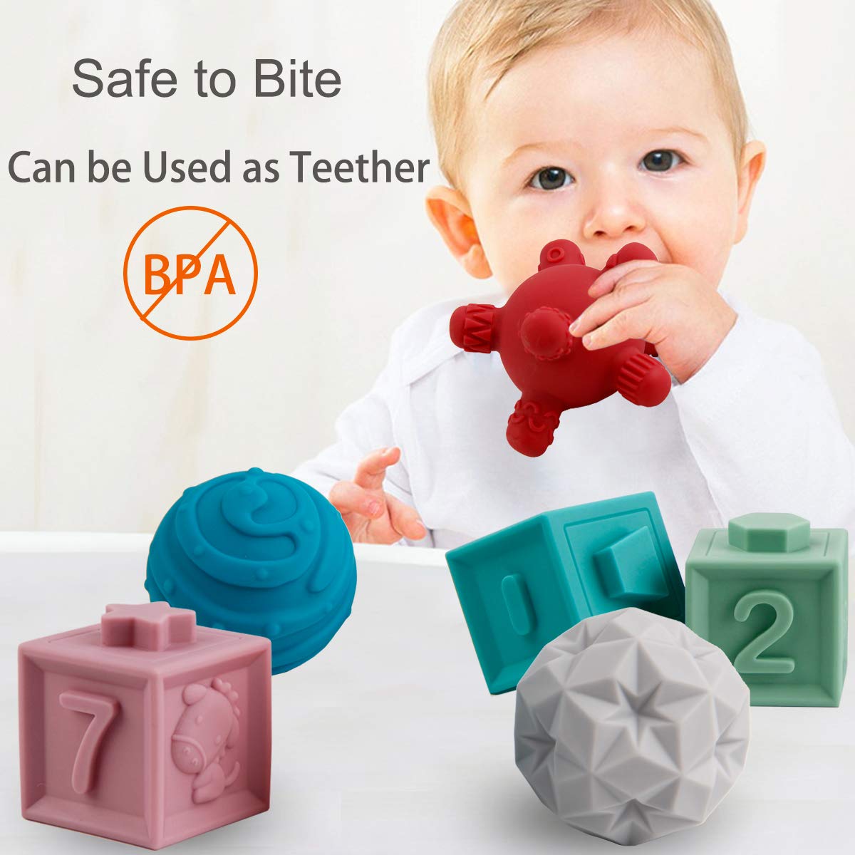 BOBXIN Baby Stacking Building Soft Block Toys, Infant Shape Sorter with Sensory Texture, Educational Learning Toy for Play Matching & Threading Game, Silicone Teething Toys for Babies 6-12 Months