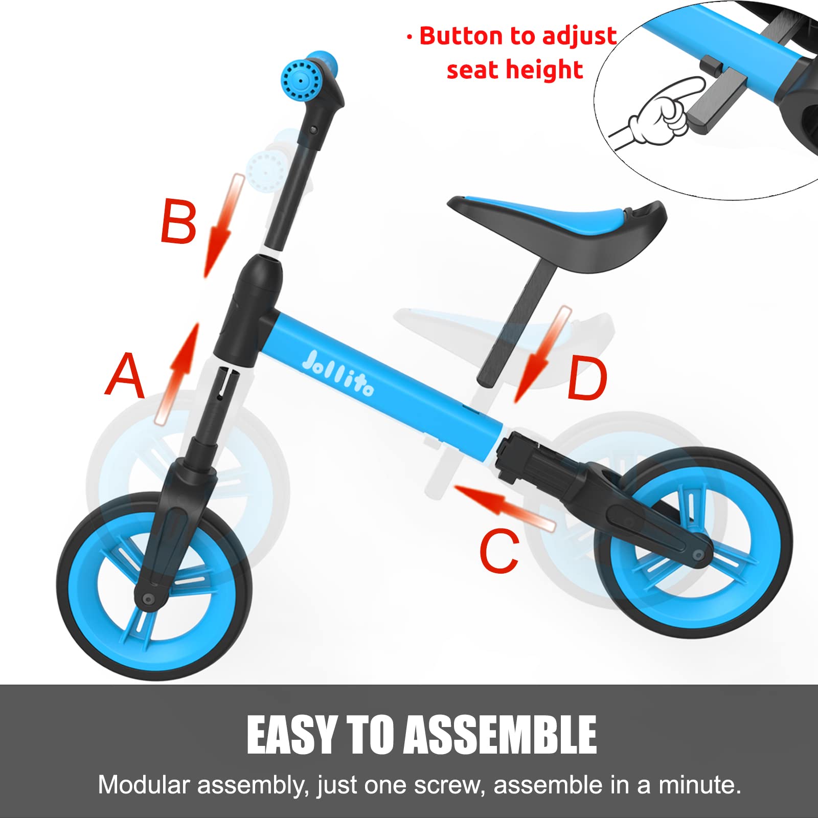 JOLLITO Toddler Balance Bike for 18 Months, 2, 3, 4 Years Old Girl Boy, Adjustable Seat and Handlebar, 9 Inch Wheel, Aluminium Frame, Best Gift for Beginners
