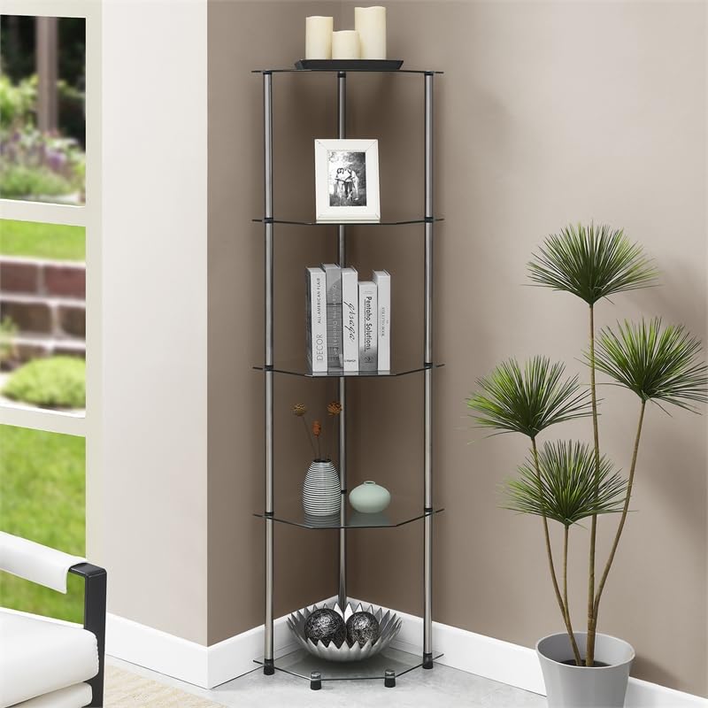 Casafoyer Designs2Go Classic Glass Five-Tier Corner Tower|Clear Tempered Glass Shelves|Stainless Steel Legs|Easy Assembly|60.25" Height