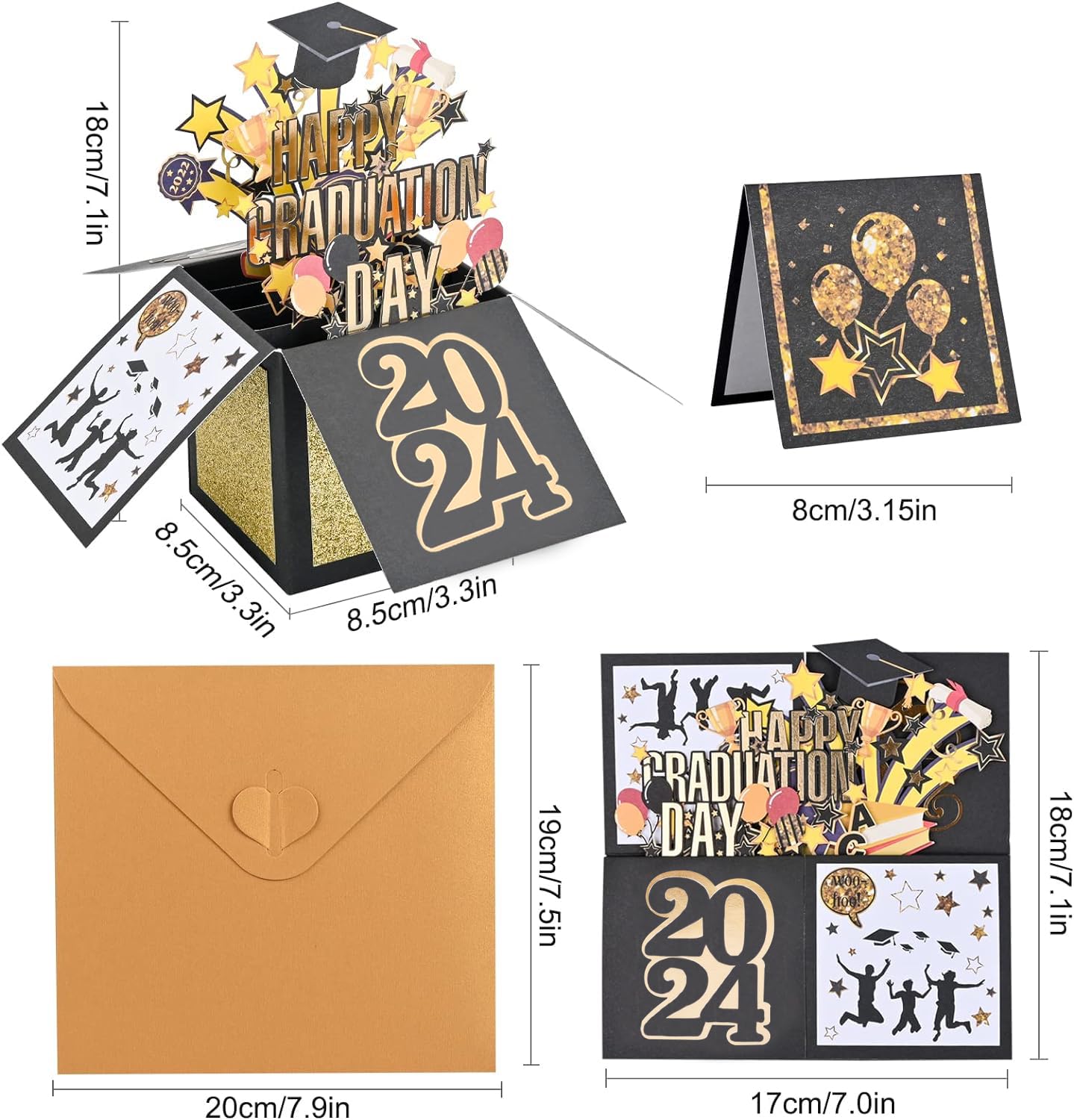 POPGIFTU 2024 Graduation Pop Up Card, Black Gold Pop Up Congrats Grad 2024 Greeting Card with Envelope, Congratulations Graduation Gifts for 2024 High School College University Graduates