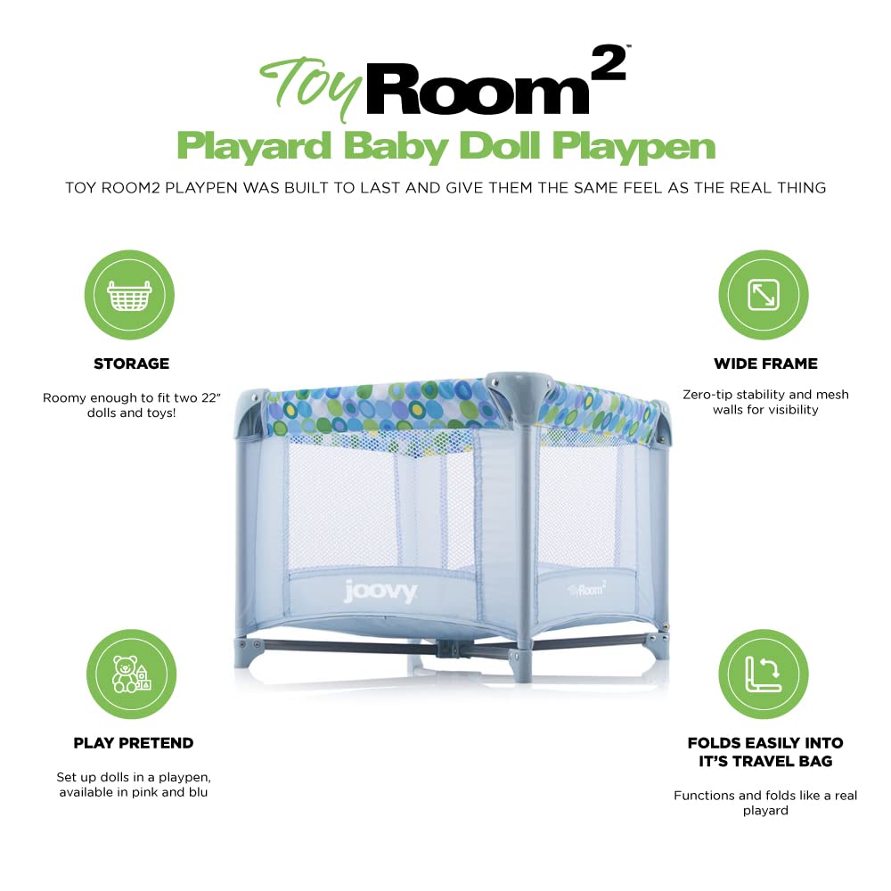 Joovy Toy Room² Playard Baby Doll Playpen Featuring Sturdy Steel Frame and Collapsible Design Allows for Easy Fold for Travel, and Travel Case - Large Enough for 22” Dolls (Blue Dot)