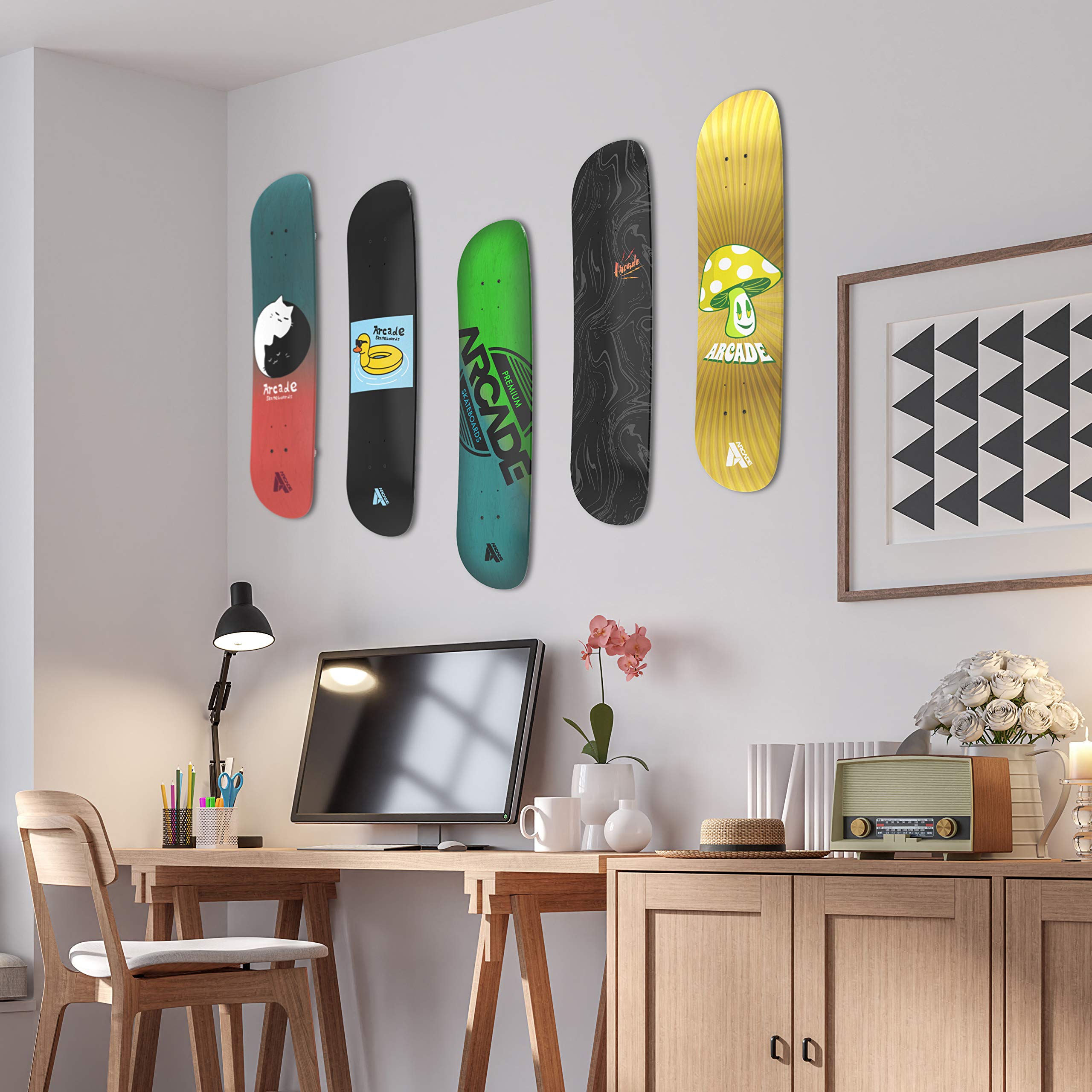 ARCADE Skateboard Wall Mount Rack Hanger 2 Pack Horizontal or Vertical Display (Clear)