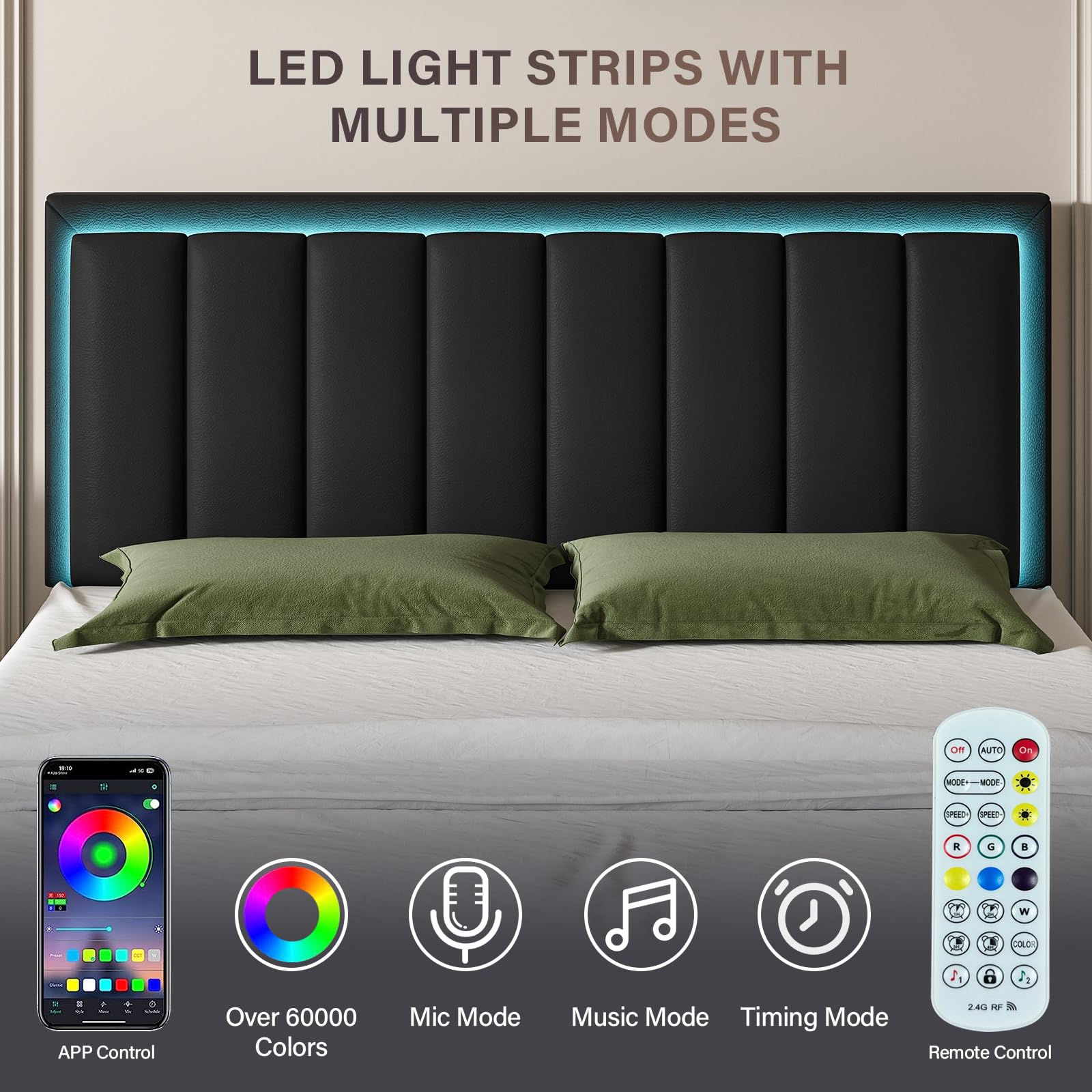 Catrimown Queen Size Bed Frame with LED Lights, Upholstered Platform Bed Frame with Faux Leather Adjustable Headboard, Wood Slat Support, No Box Spring Needed, Easy Assembly, Pink