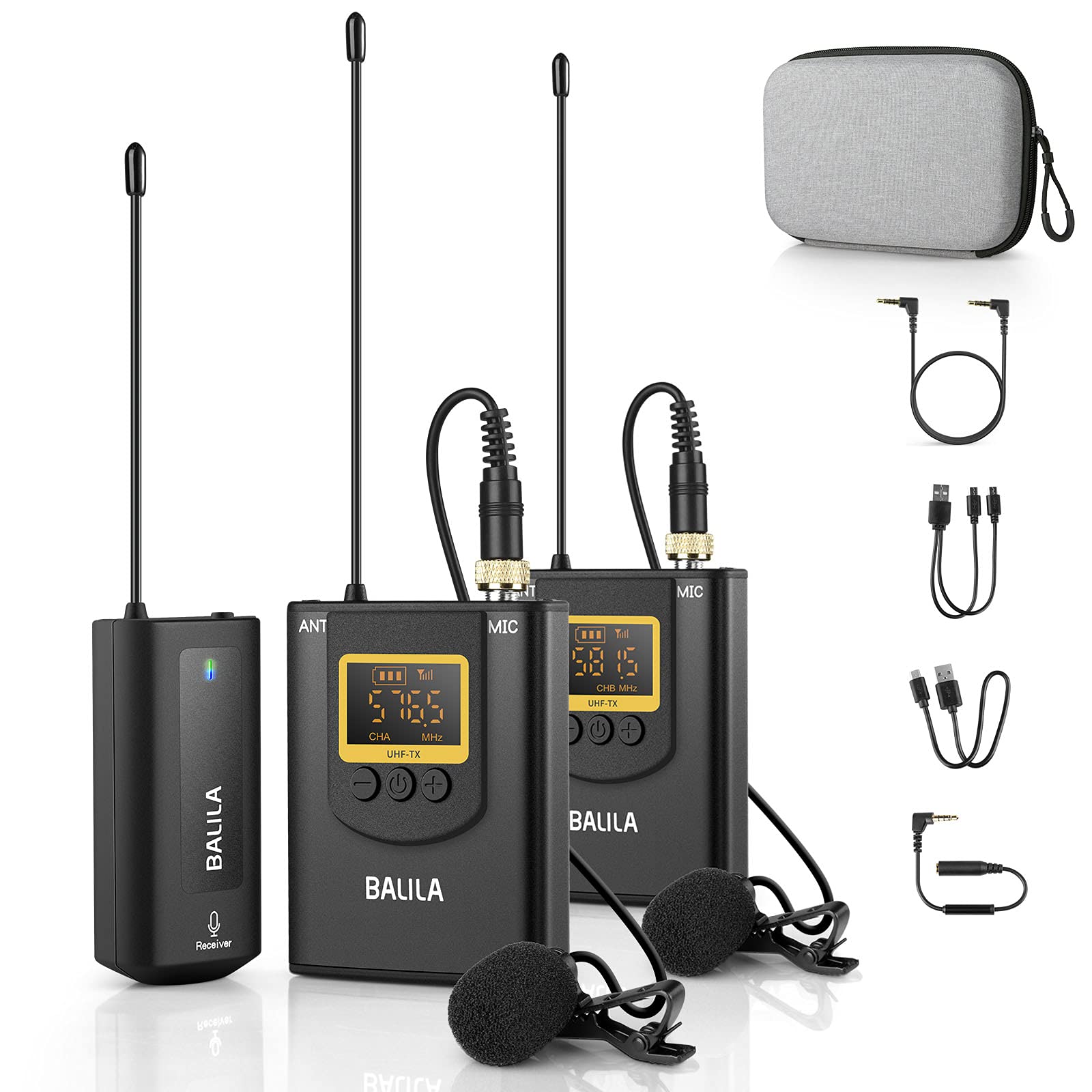 BALILA Wireless Lavalier Microphone System UHF Dual Lavalier Mic Lapel Microphone for iPhone/Android, DSLR Camera Microphone Real-time Audio Monitor Recording Vlog (1T1R)