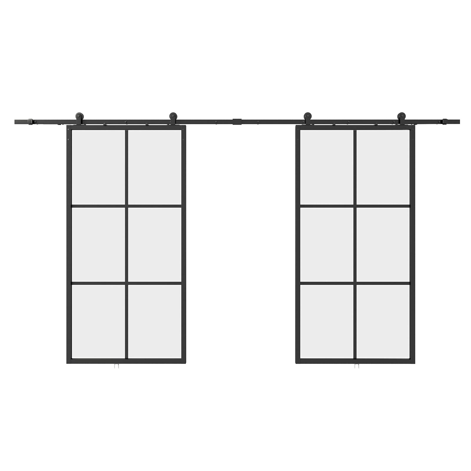 BARNSMITH 84in x 84in Double Glass Barn Door with 14FT Top Mounted Hardware Kit, Modern Black Aluminum Frame Tempered Frosted Glass Sliding Door, DIY Double Barn Door,Assemble Required(2 * 42inx 84in)