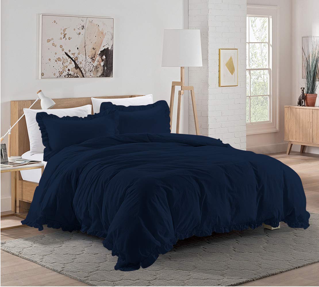 Craft Bedding Navy Blue Edge Ruffle Frilled Duvet Set (Duvet Set + 2 Pillowcases) Soft 1000 Series Long Staple 3 Piece Egyptian Cotton Queen 88'' x 88''