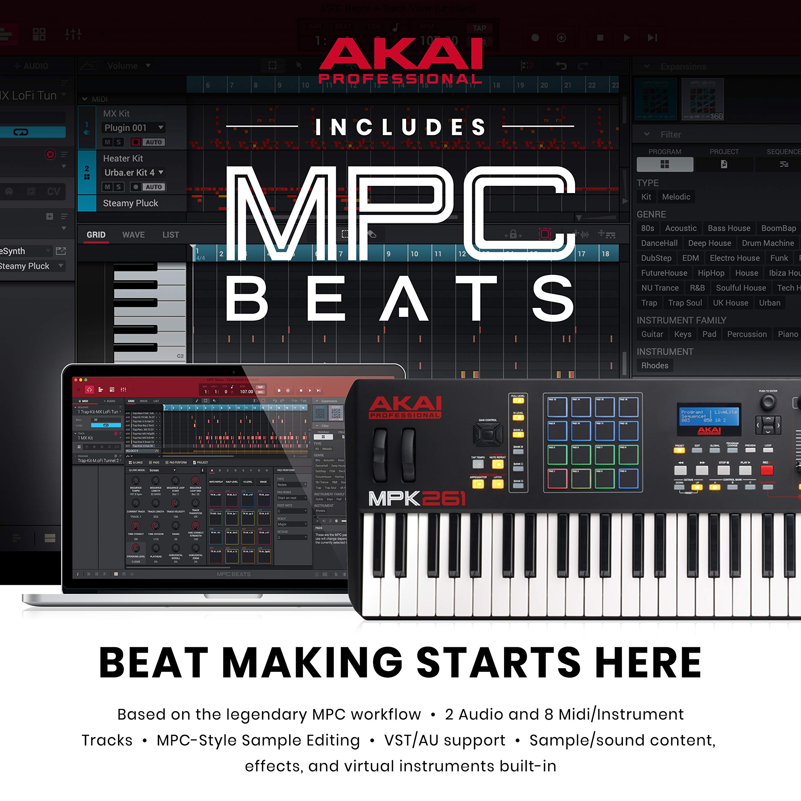 Beat Maker Bundle – 61 Key USB MIDI Keyboard Controller With 16 Drum Pads, Sustain Pedal and Pro Software Suite – Akai Pro MPK261